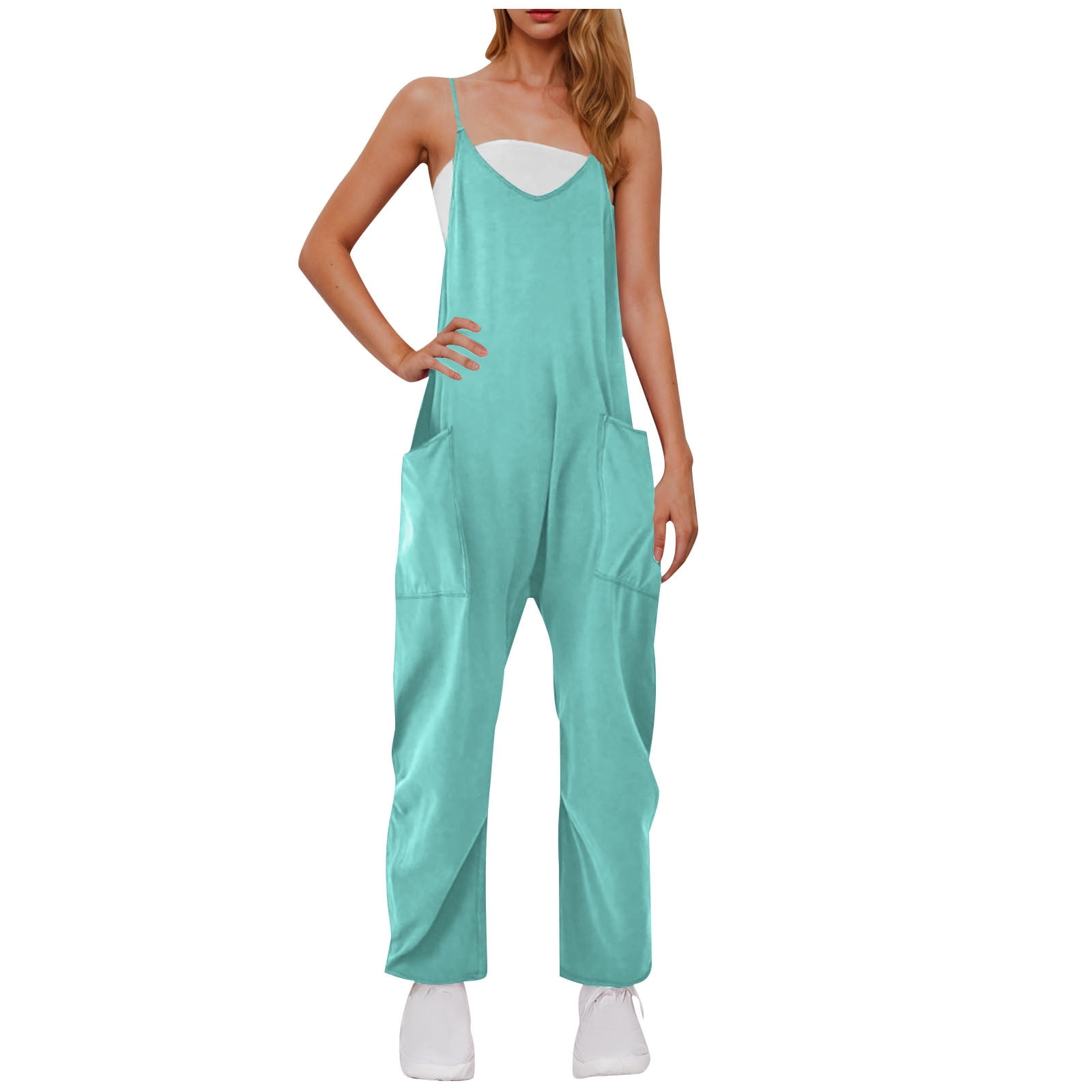 Sky Light Blue Womens Loose Fit Pants Spandex Bib Pants Pants Catsuit ...