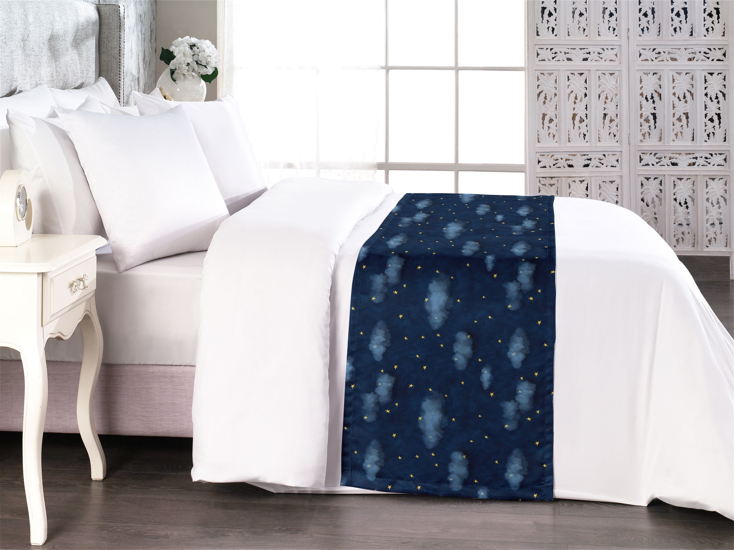 Sky Print Bed Runner, Night Time Pattern with Clouds and Stars Make a ...