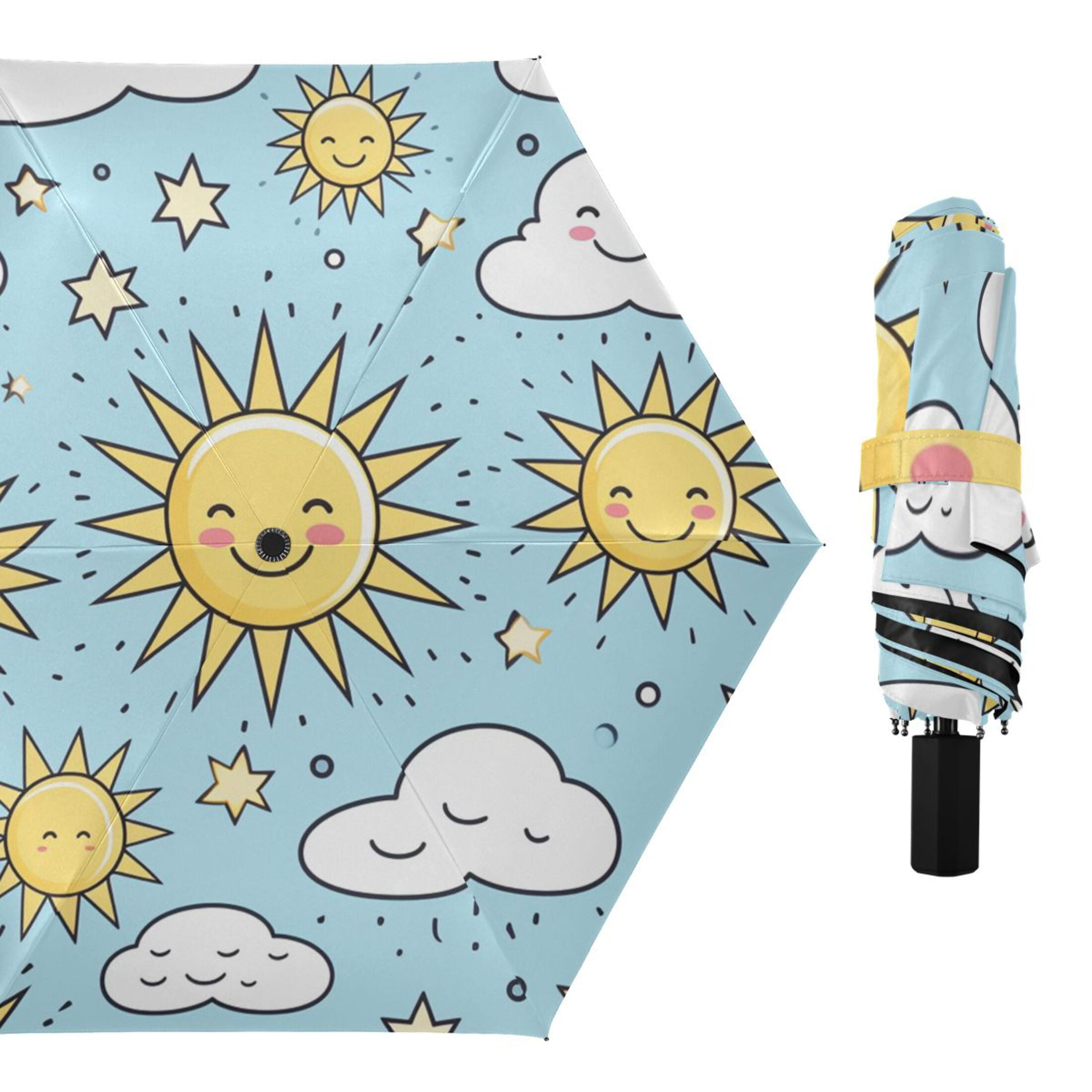 Sky Sun Clouds Stars Cute All Weather Umbrella Triple Folding Parasol 6 ...