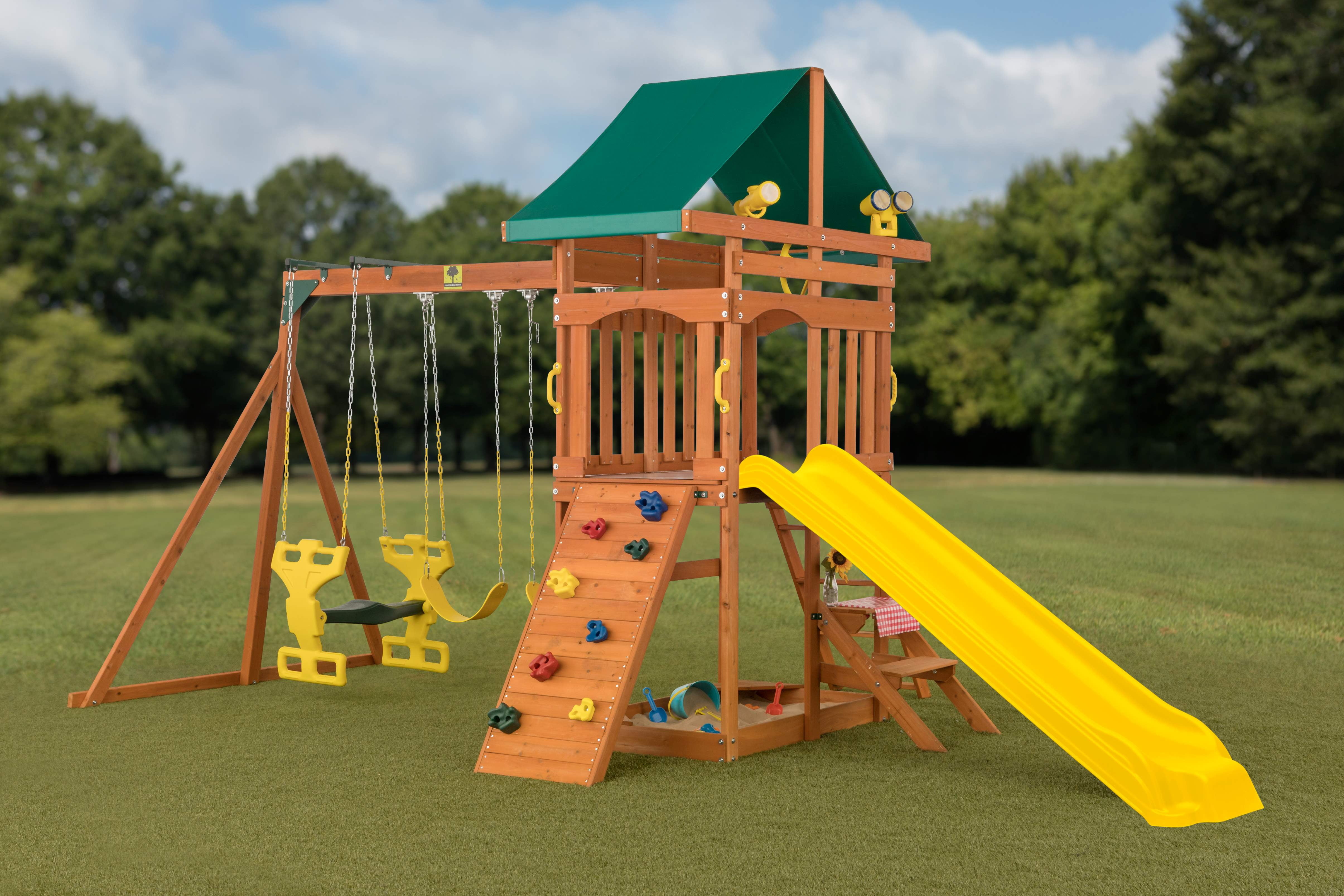 Sky View Cedar Backyard Playset Yellow Slide | W: 17'10" D: 9'4" H: 9'9 ...