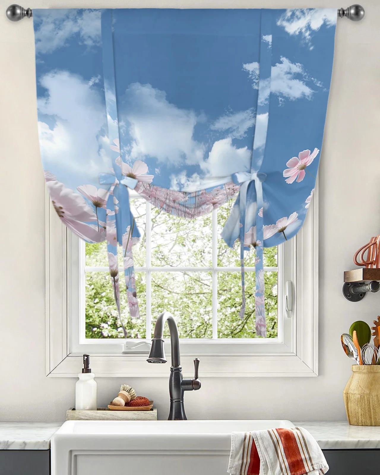 Sky White Clouds Flower Buds Bow Tie Curtains for Living Room Bedroom ...