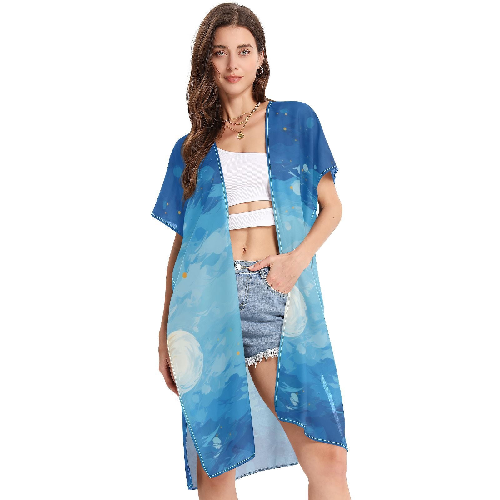 Sky and Moon Women Swimsuit Cover up V Neck Beach Dress Short Sleeve ...