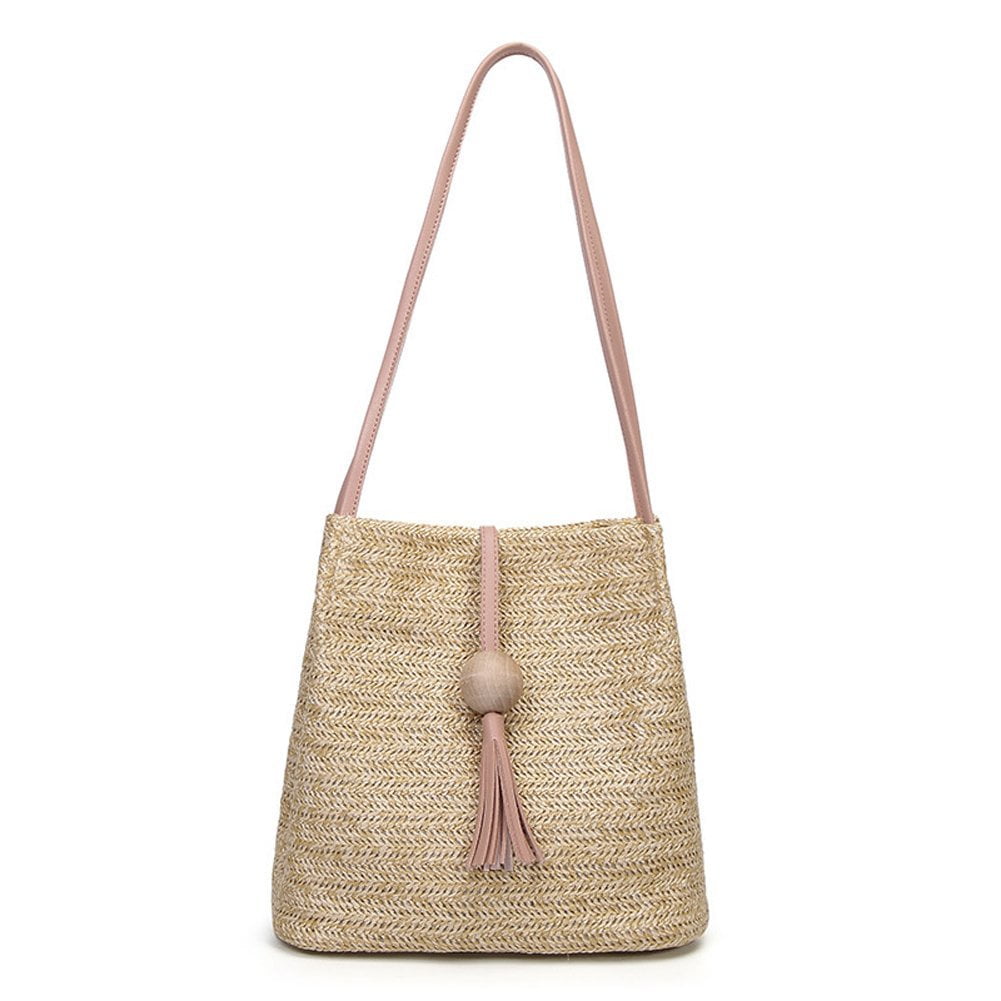 SkyAuks Beach Bag, Straw Weave Bucket Totes Bag, Pink - Walmart.com