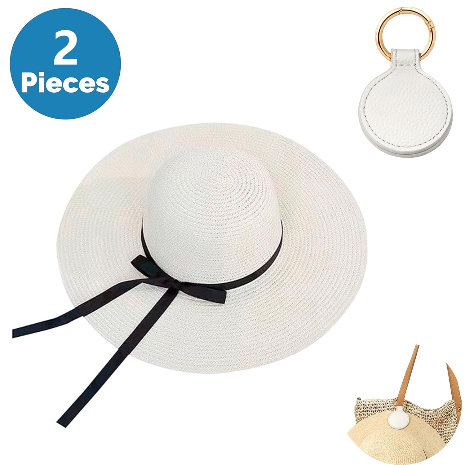 SkyAuks Sun Hats for Women with Hat Clip, Large Wide Brim Bow Straw Hat, Adjustable Foldable ...