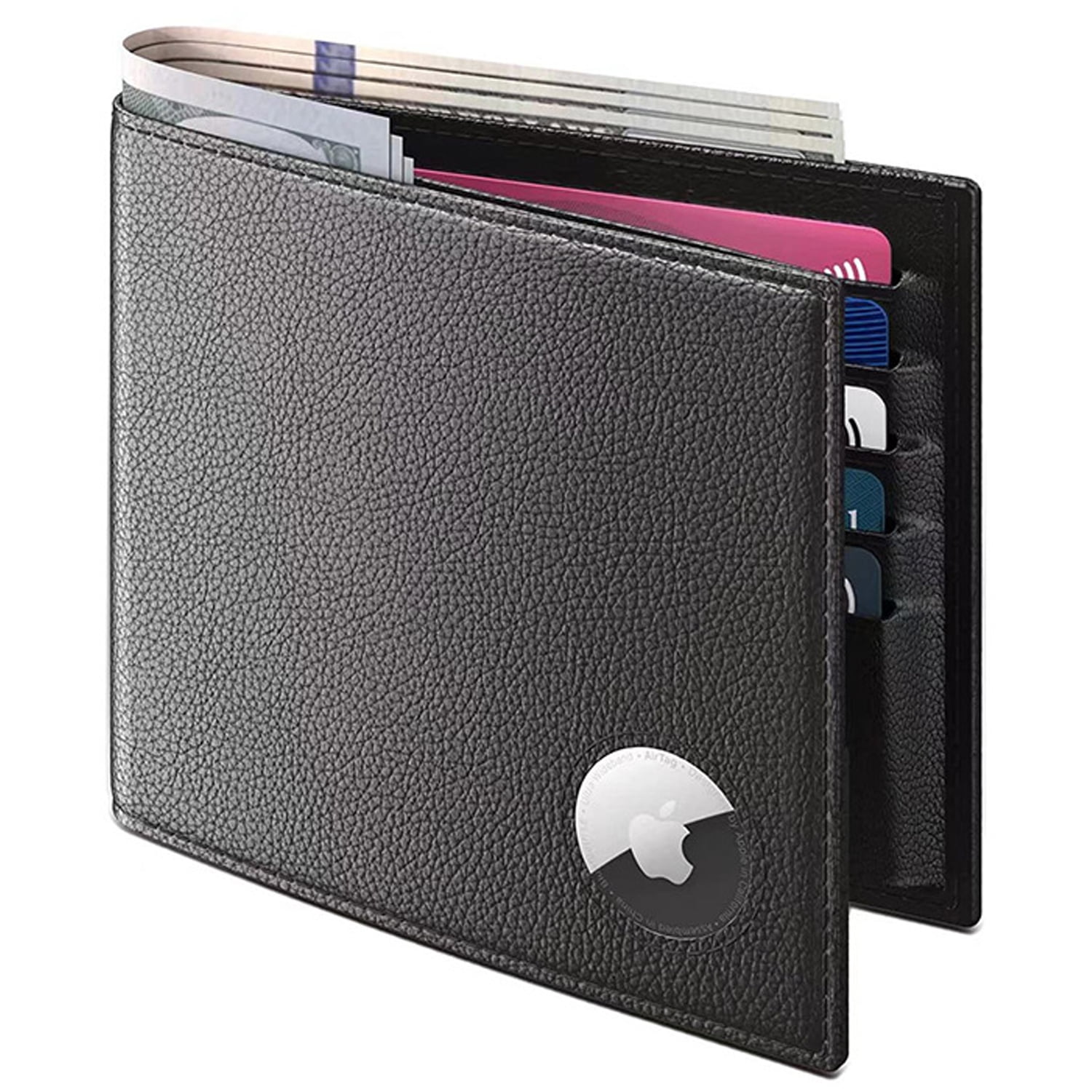 "SkyAuks Magnetic Leather AirTag Wallet, RFID Blocking, Bifold, Black ...