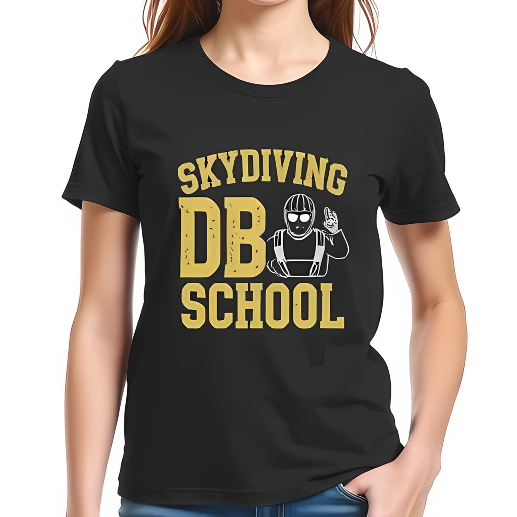 Skydiving DB School Graphic T-Shirt - Gold Font with Skydiver ...