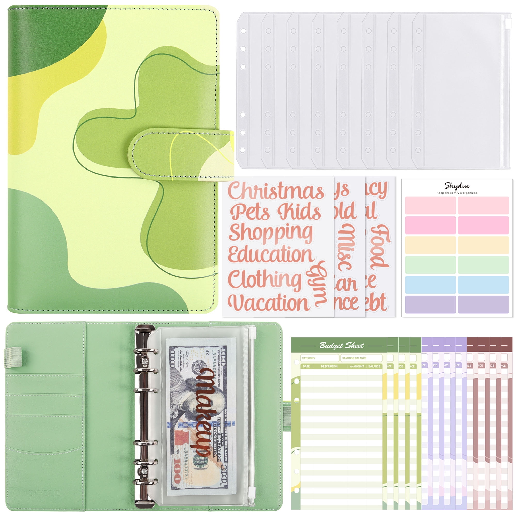 Skydue A6 Cash Budget Binder, Stainless Steel Rings, Morandi Green, 12 ...
