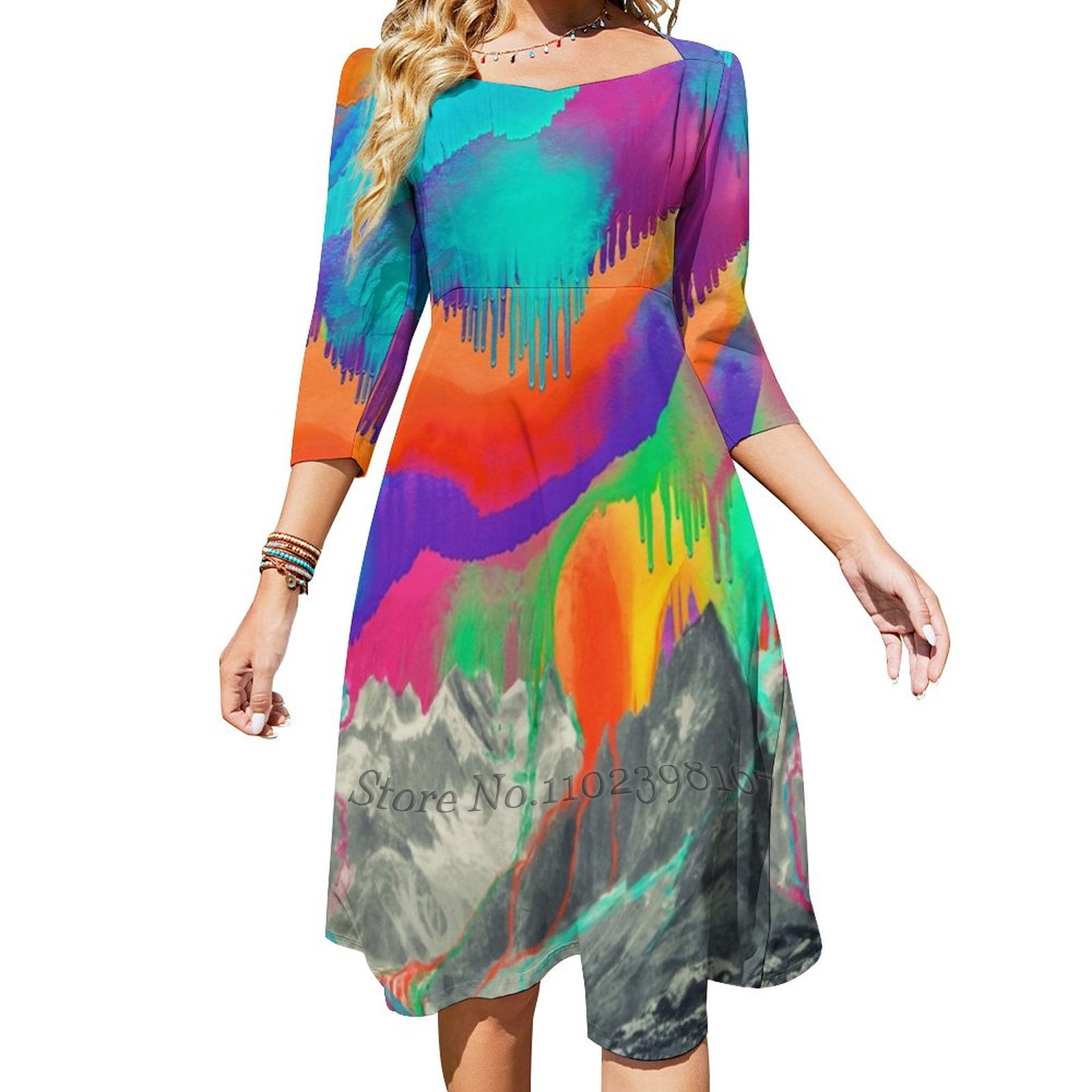 Skyfall Melting Northern Lights Square Neck Dress New Plus Size Elegant ...