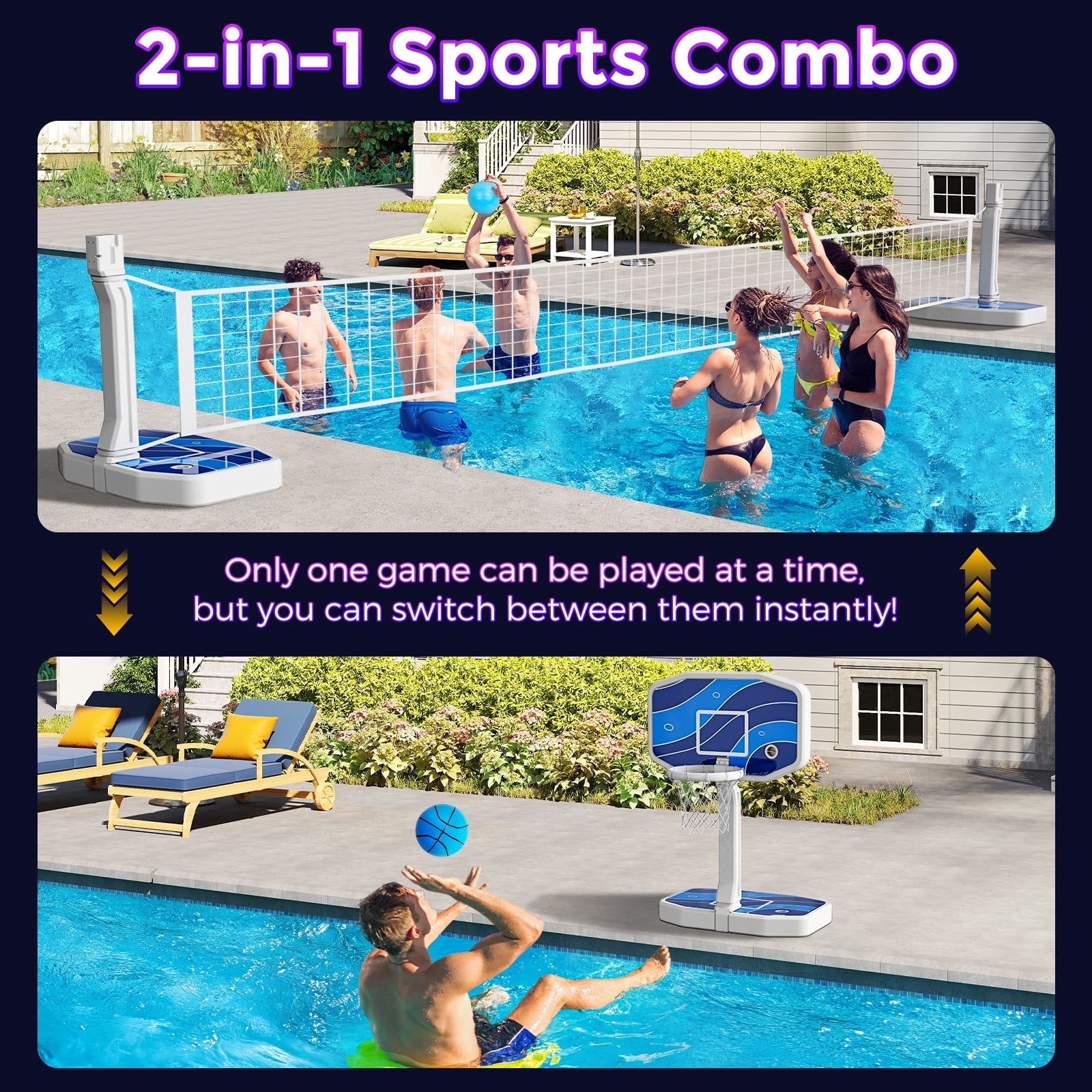 Skyhot 2-in-1 LED Pool Volleyball & Basketball Game Set, Light Up Pool ...
