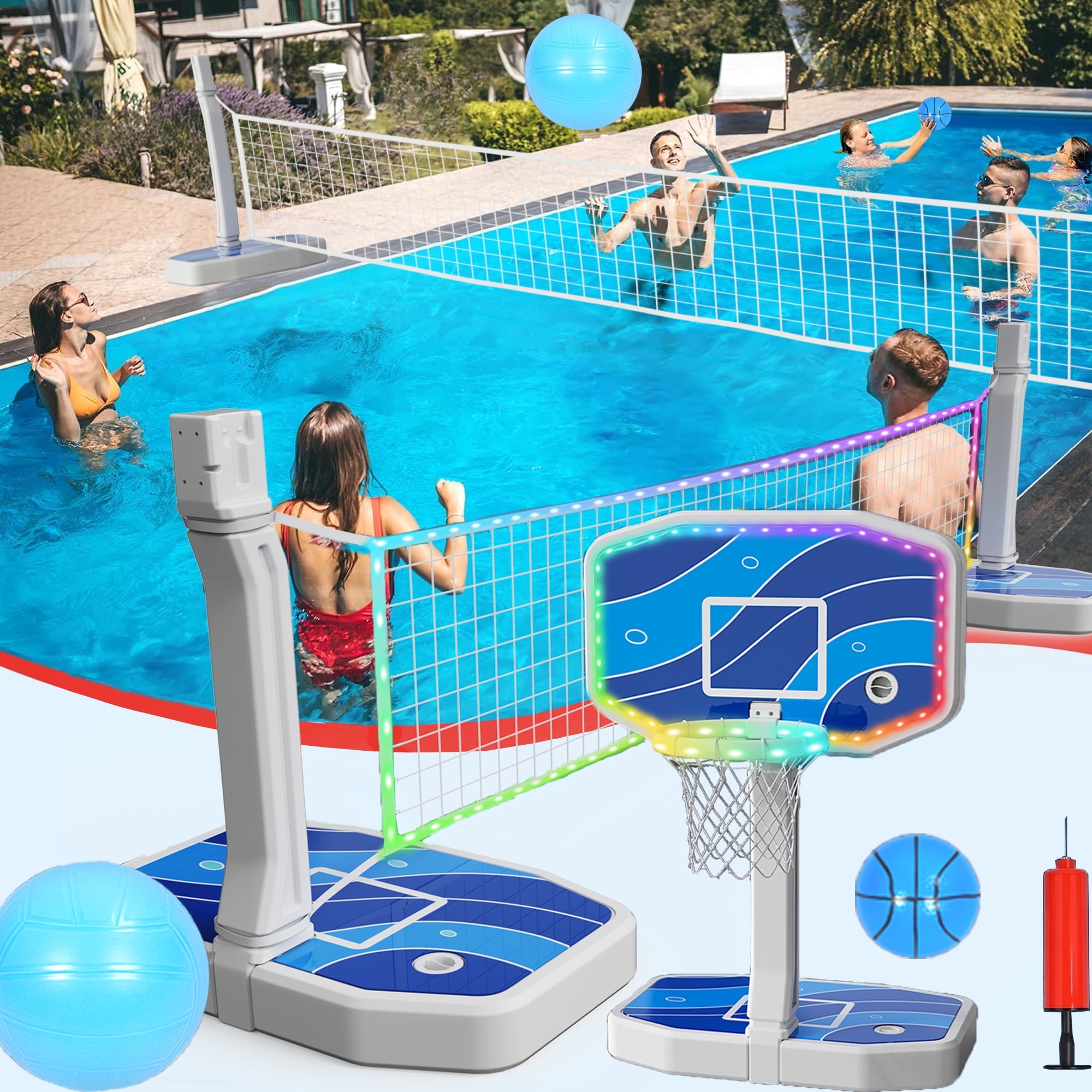 Skyhot 2-in-1 LED Pool Volleyball & Basketball Game Set, Light Up Pool ...