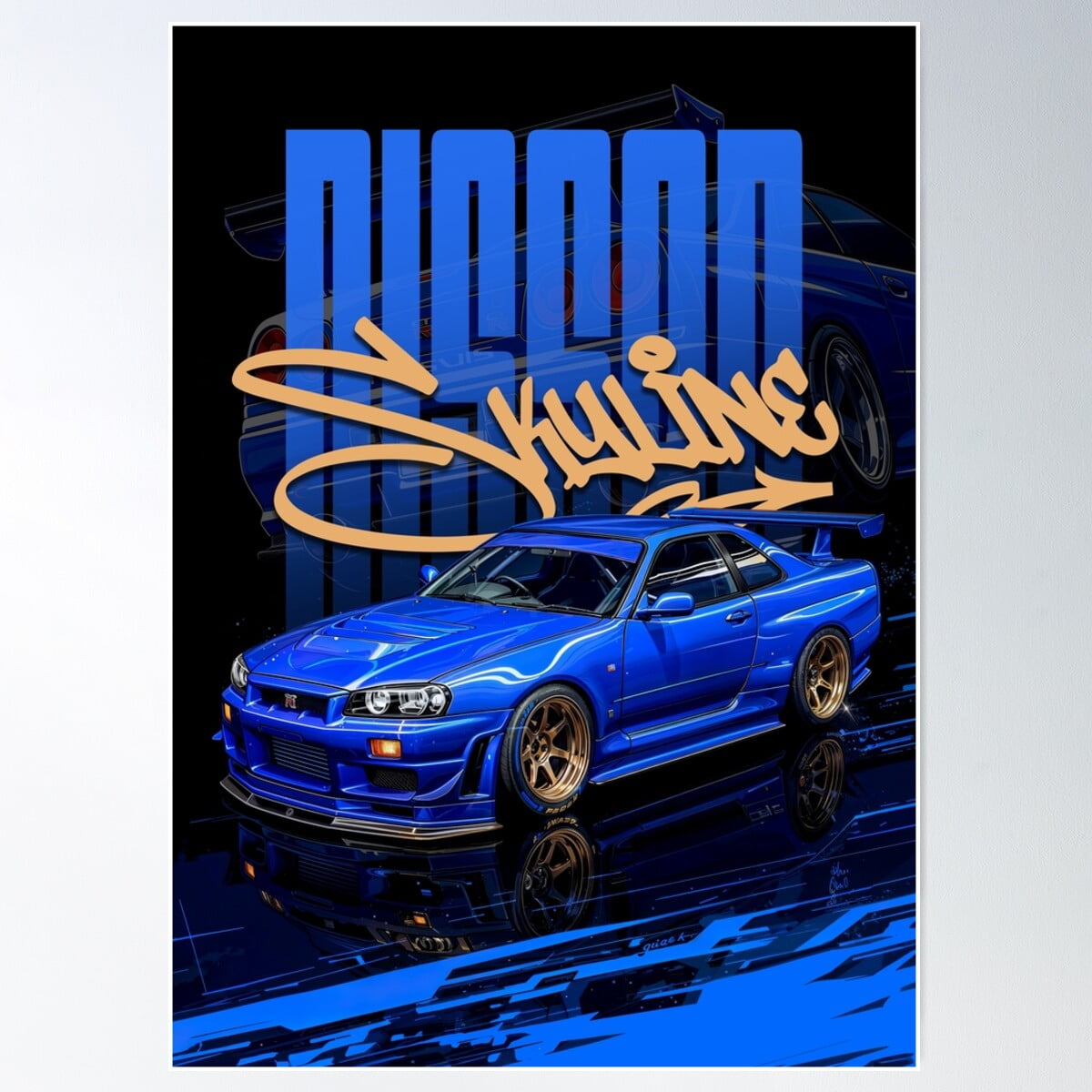 Skyline Blue Racing Car Vector Poster Wall Art, Modern Wall Decor, 8x12 ...