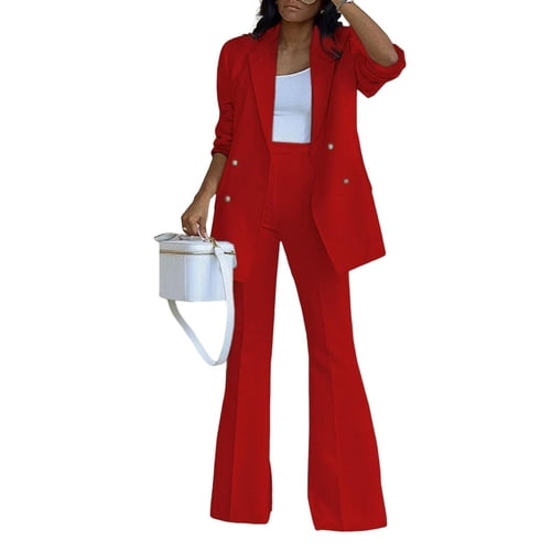 Skymirror 2 Pcs/Set Women Coat Pants Set Lapel Double-breasted Mid ...