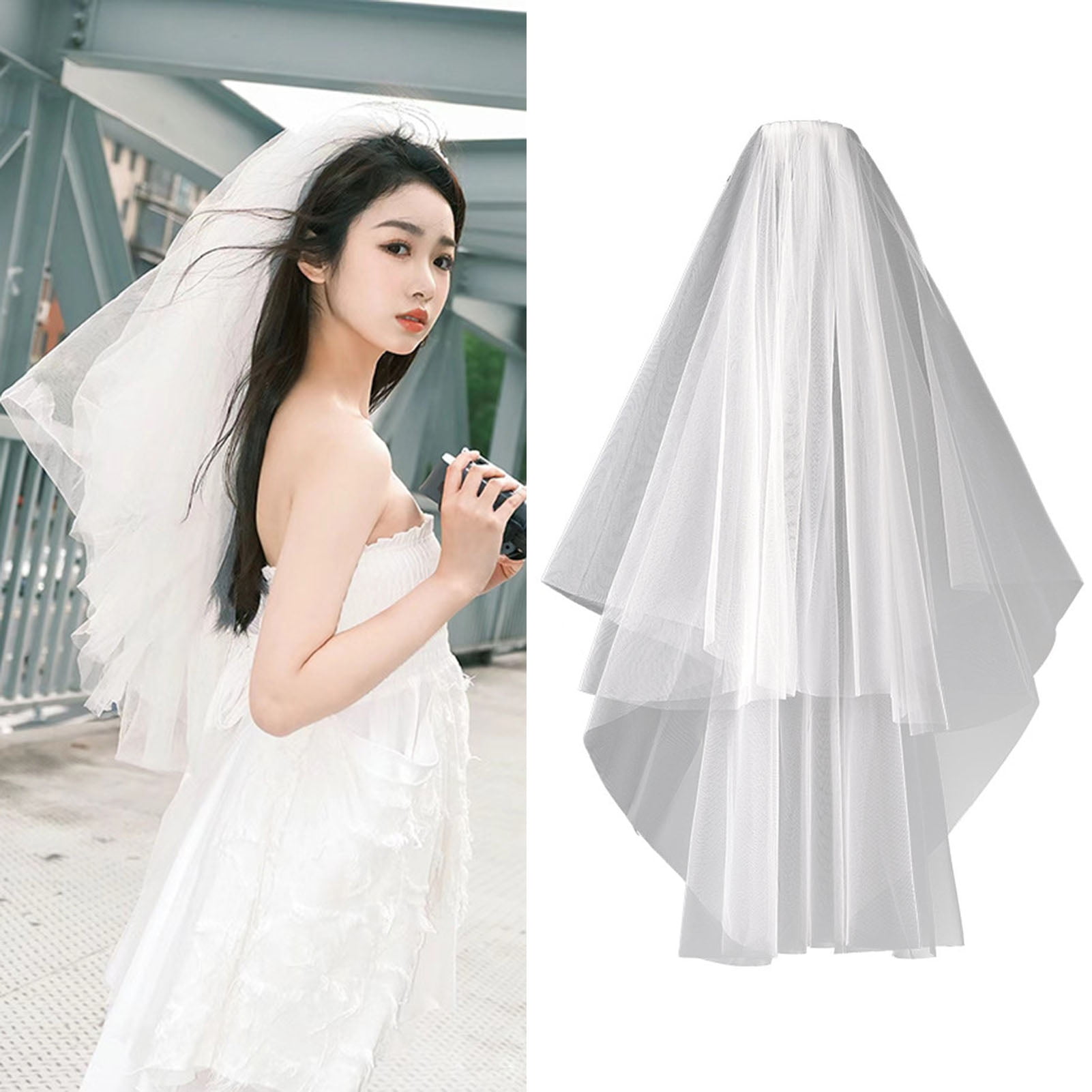 Skymirror Bridal Wedding Veil Short Long Double-layered White Romantic ...
