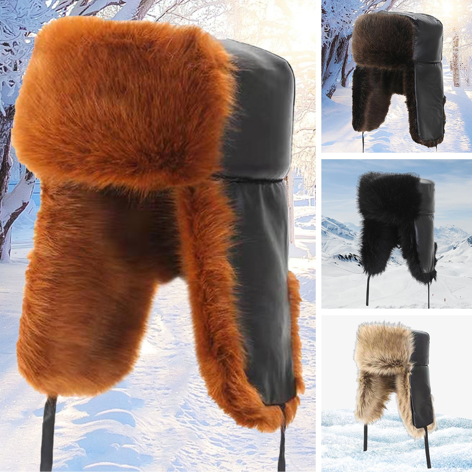 Skymirror Ear Lace up Faux Leather Surface Winter Hat Unisex Outdoor ...