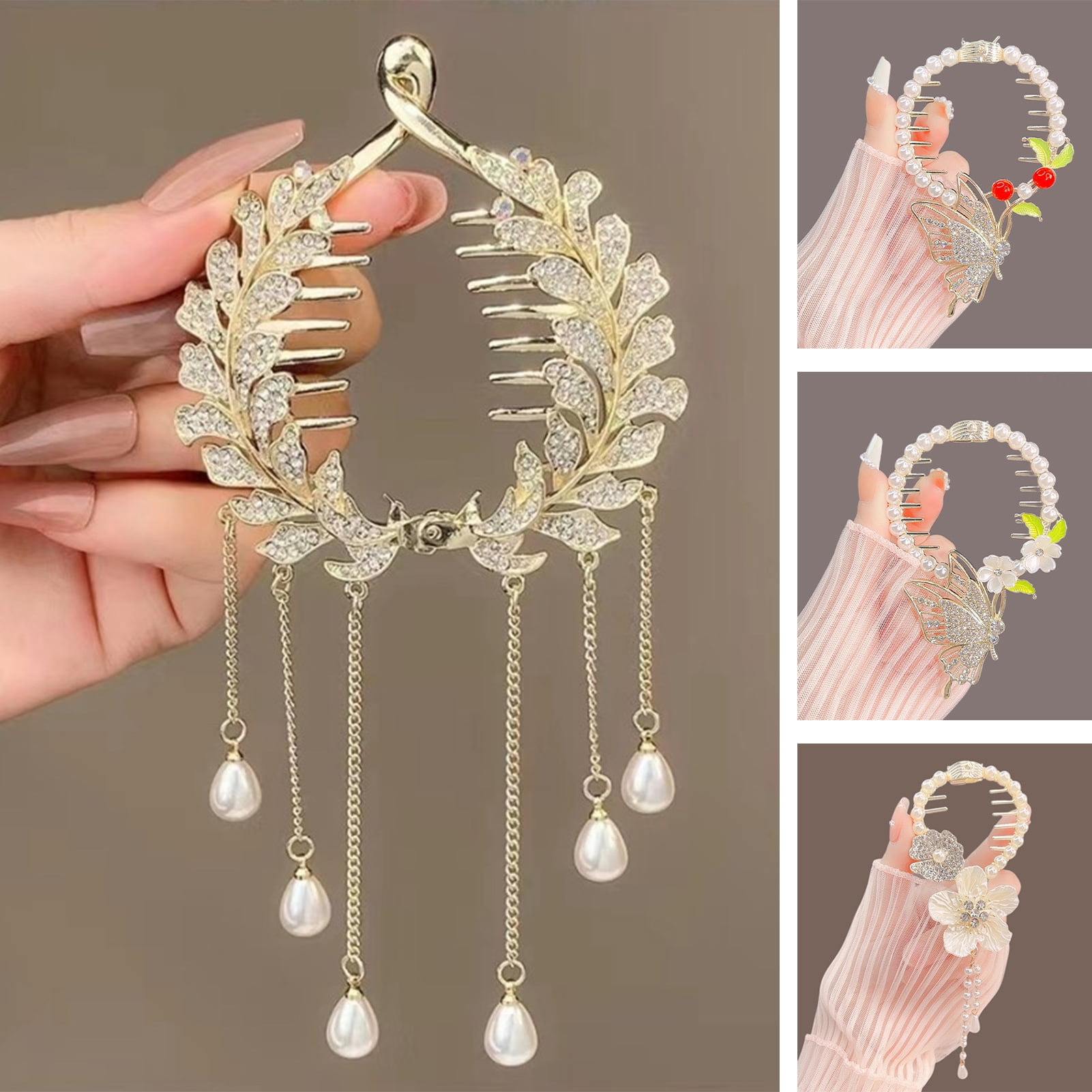 Skymirror Elegant Flower Faux Pearl Tassel Hair Claw Shining Rhinestone ...