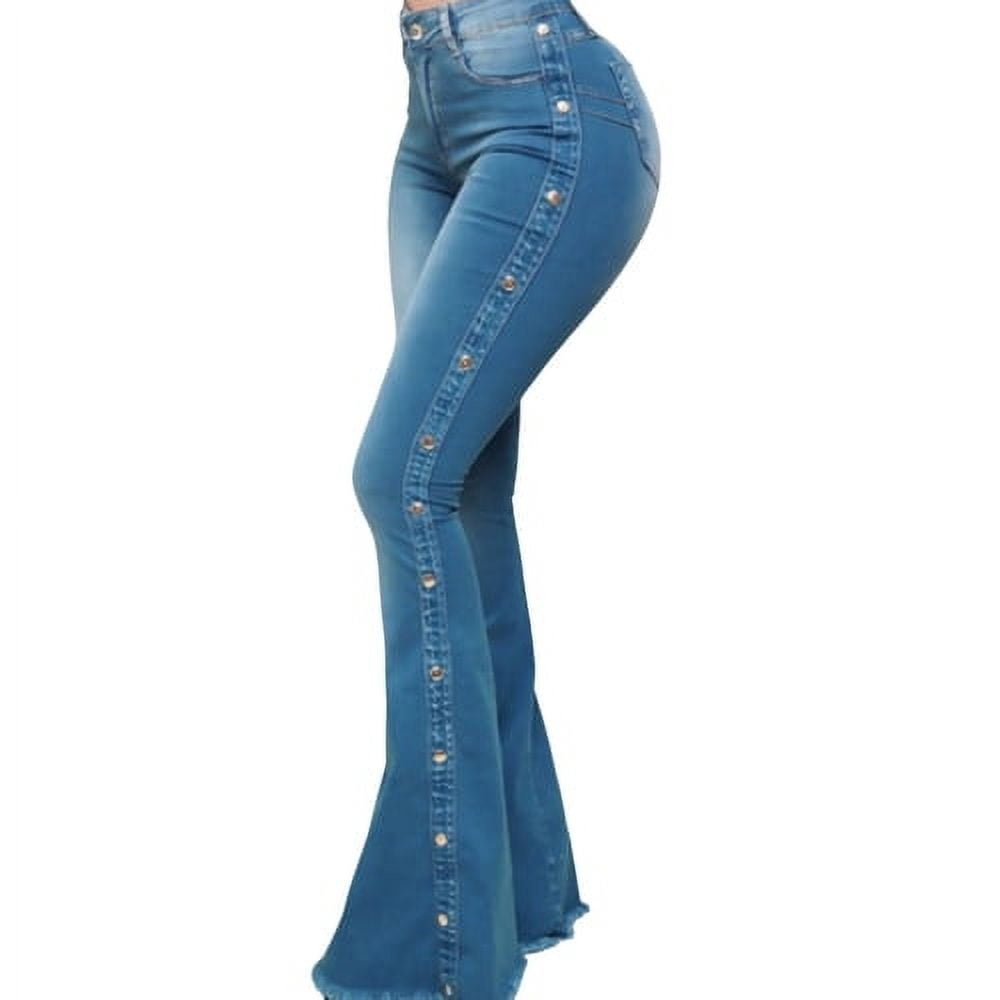 Skymirror High Waist Multi Pockets Button Fly Hip Lifting Flare Jeans Washed Rivet Decor Wide ...
