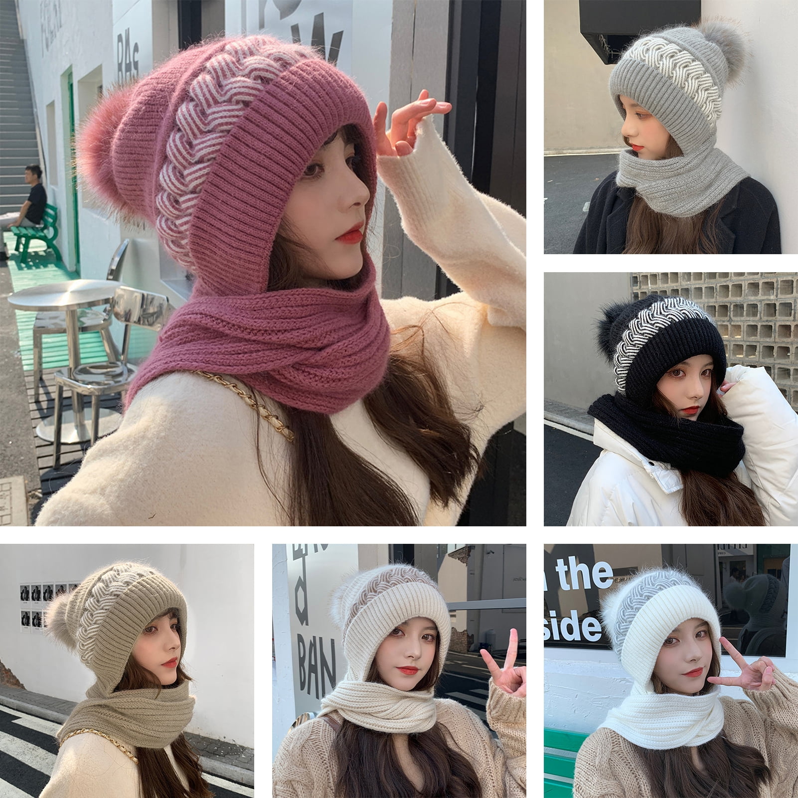 Skymirror Knitted Hat 2 in 1 Pompom Contrast Color Stripes Stretchy ...