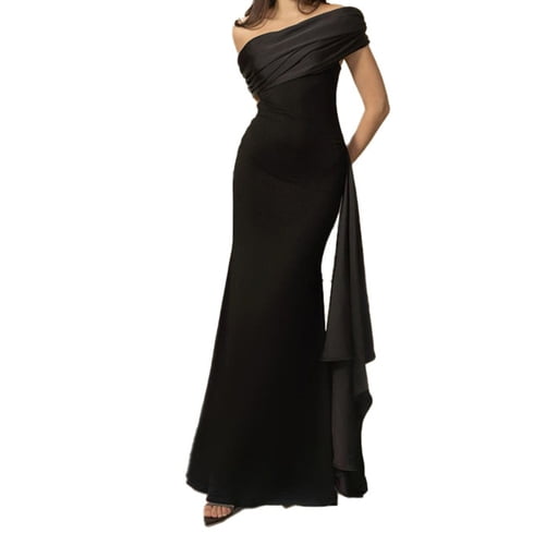 Skymirror Lady Evening Dress Slant Neck Off Shoulder Sleeveless Pleated ...