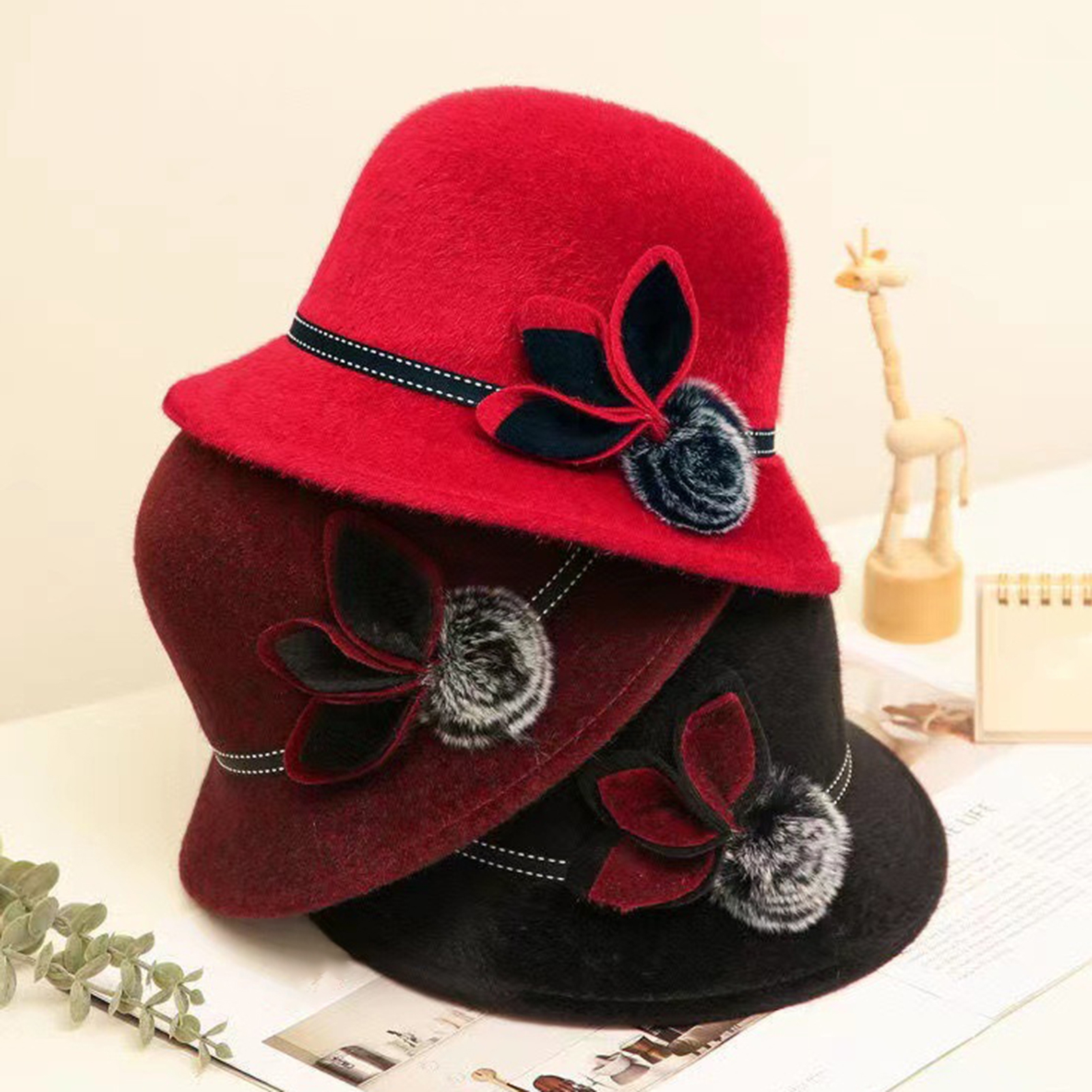 Skymirror Lady Hat Elegant Wide Brim Keep Warm Solid Color Winter ...