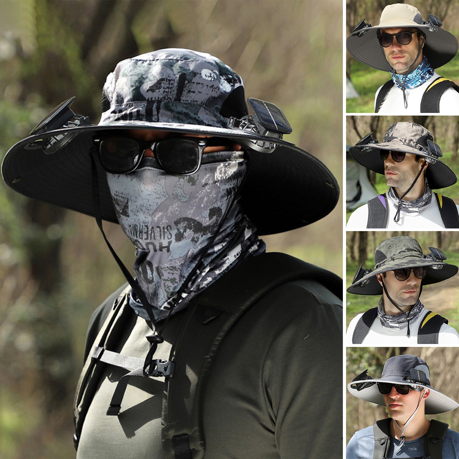 Skymirror Men Fisherman Hat with Solar Fan Large Brim Hollow Mesh USB ...