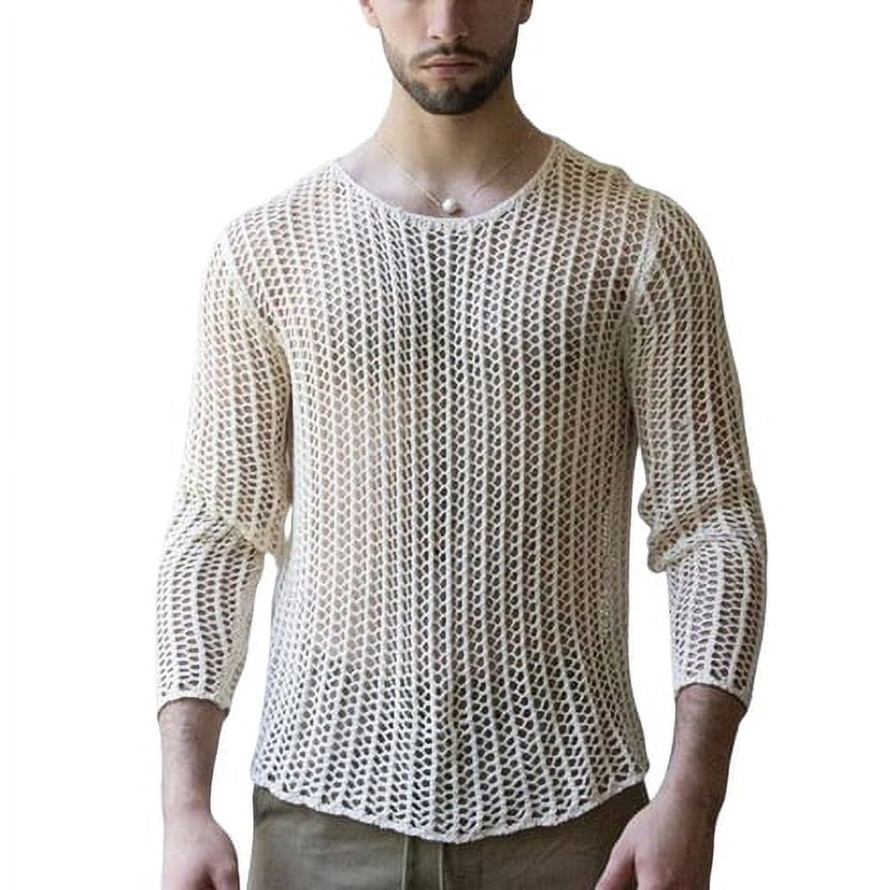 Skymirror Men Mesh Top See Through Long Sleeves Round Neck Hollow-out ...