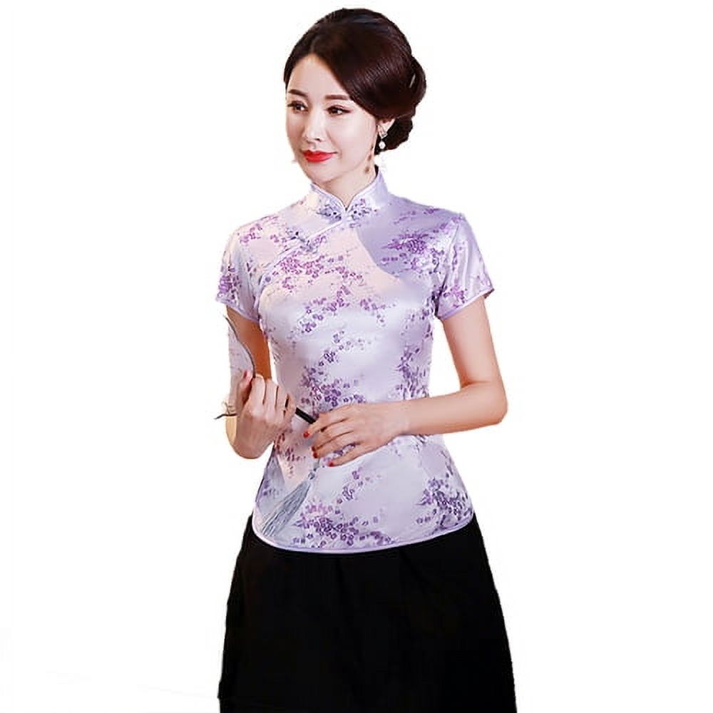 Skymirror Women Cheongsam Shirt Chinese Style Plum Print Summer Autumn ...
