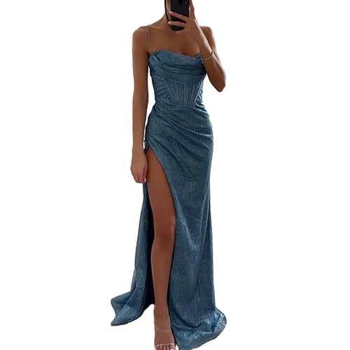 Skymirror Women Evening Dress Spaghetti Strap Shiny Sequin Sleeveless ...