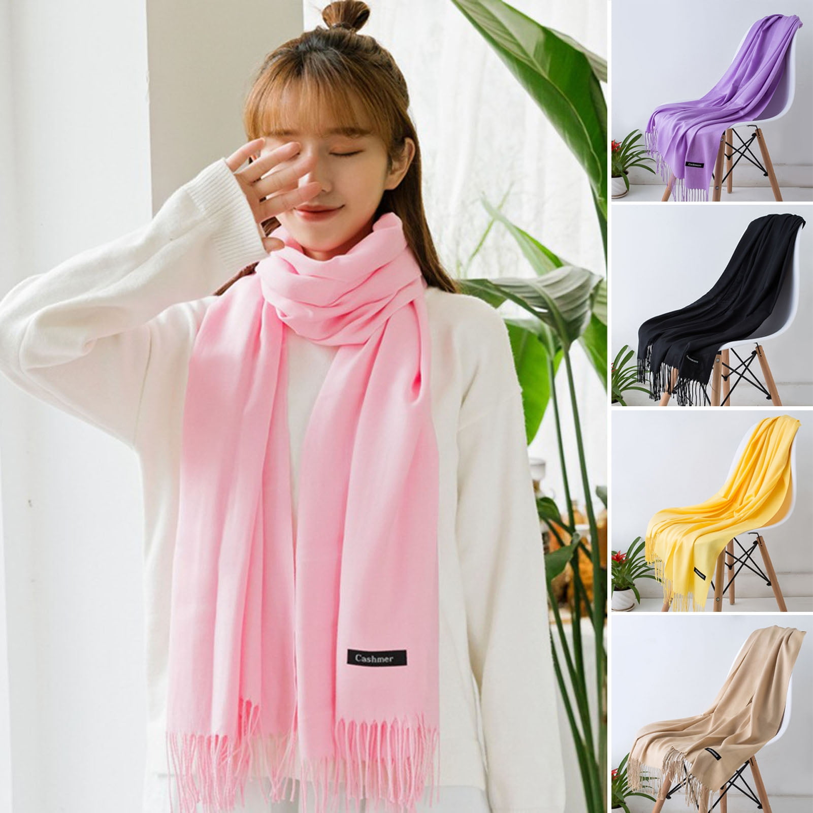 Skymirror Women Fall Winter Scarf Thickened Solid Color Tassel Decor ...