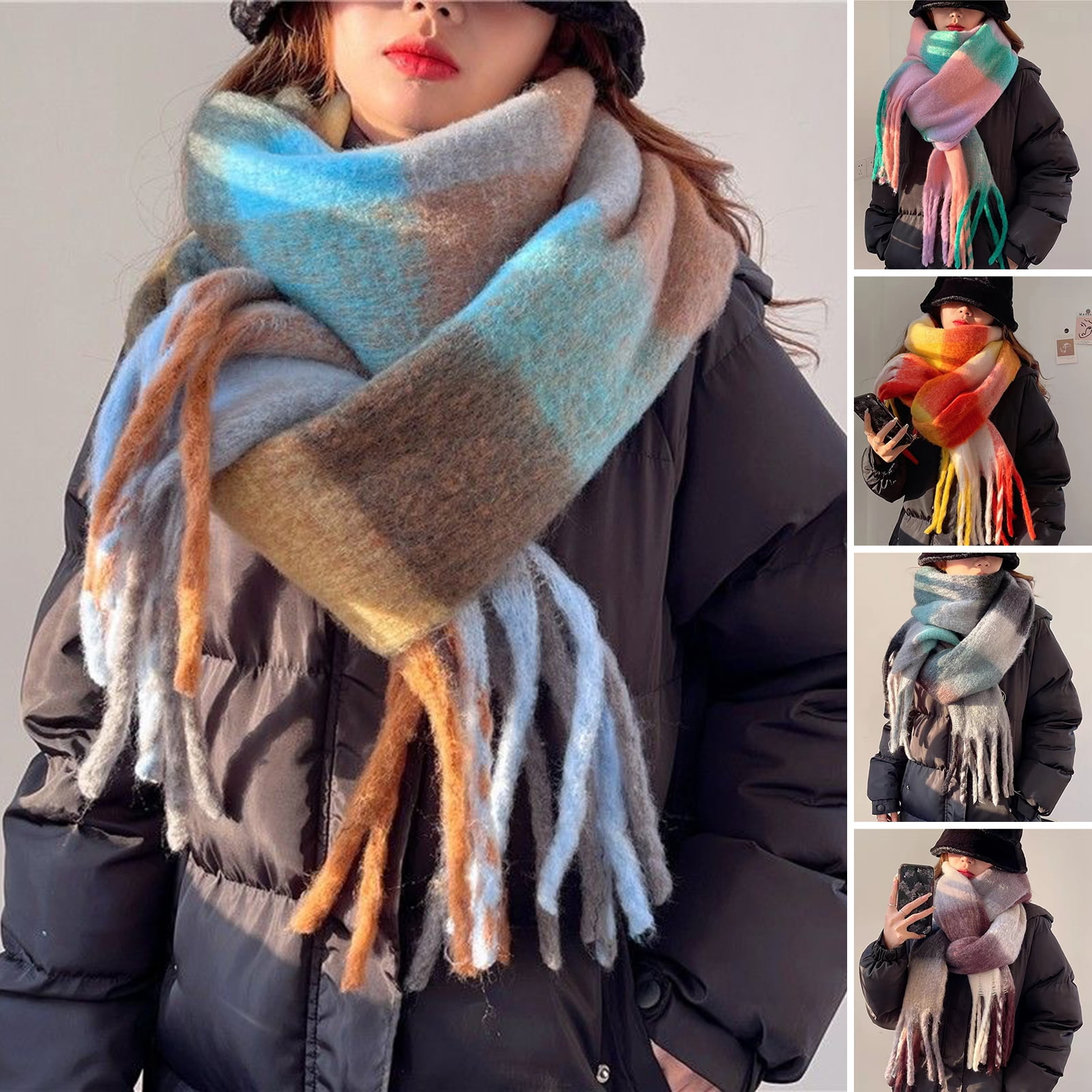 Skymirror Women Winter Scarf Contrast Color Thicken Soft Tassel Lightweight Keep Warm Wide ...