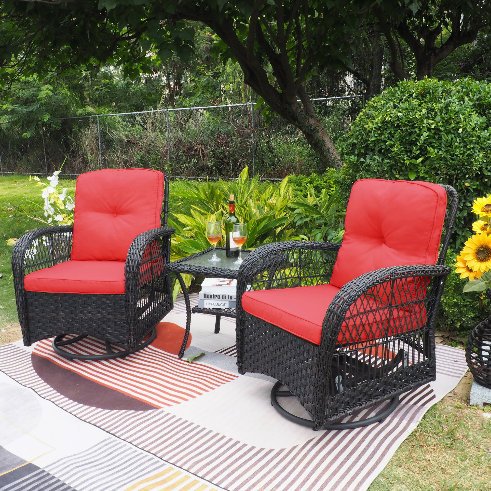 Skypatio 3PCS Outdoor Swivel Rocker, Patio Furniture Rattan Rocker ...