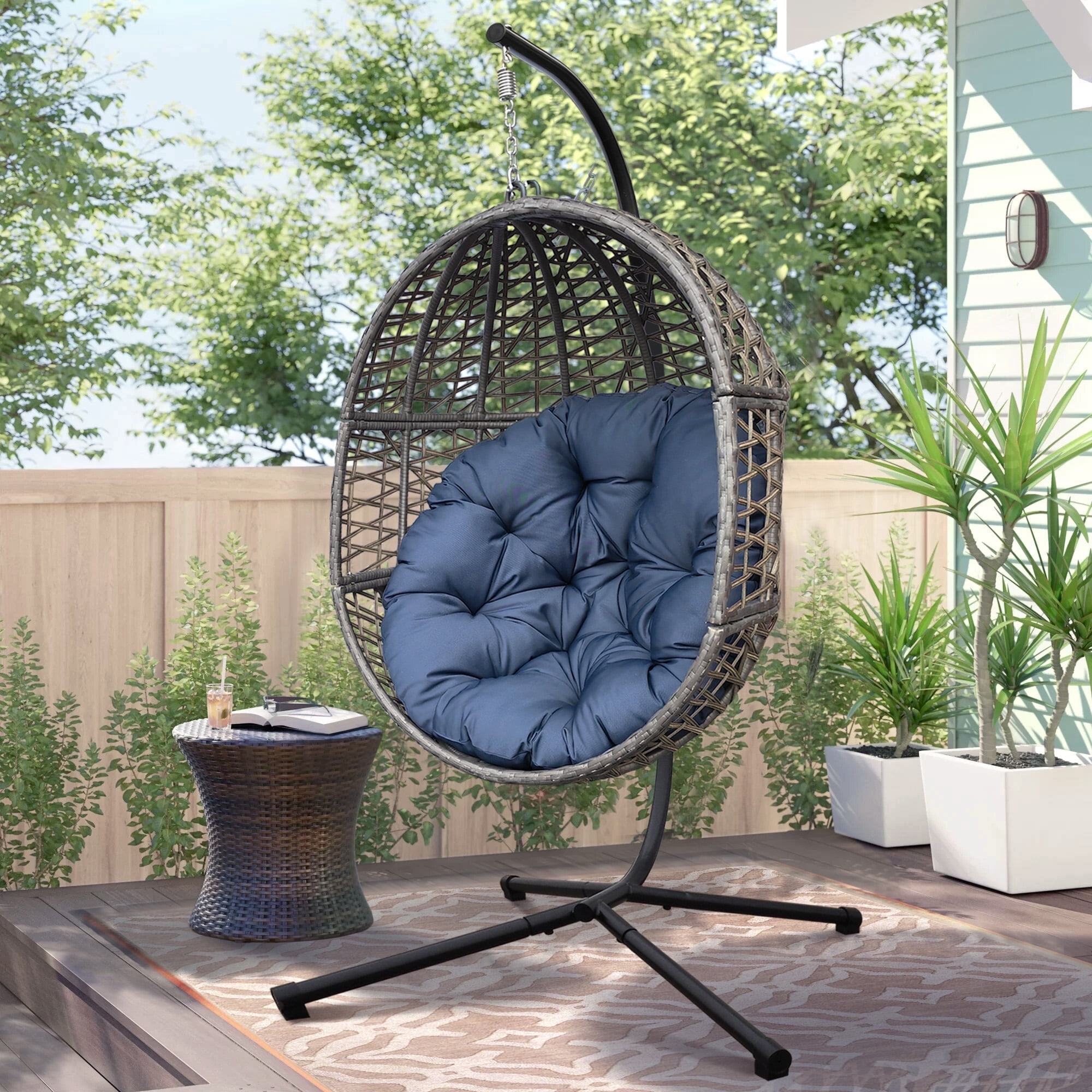 JP OUTDOOR Patio Garden Wicker Egg Swing Chair with Stand, Navy Blue ...