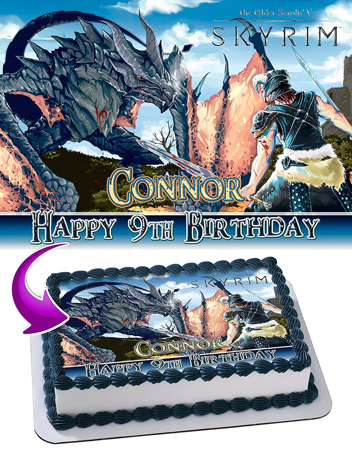 Skyrim Dragon Edible Cake Image Topper Personalized Birthday Party 1/4 ...