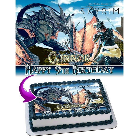 Skyrim Dragon Edible Cake Image Topper Personalized Birthday Party 1/4 ...