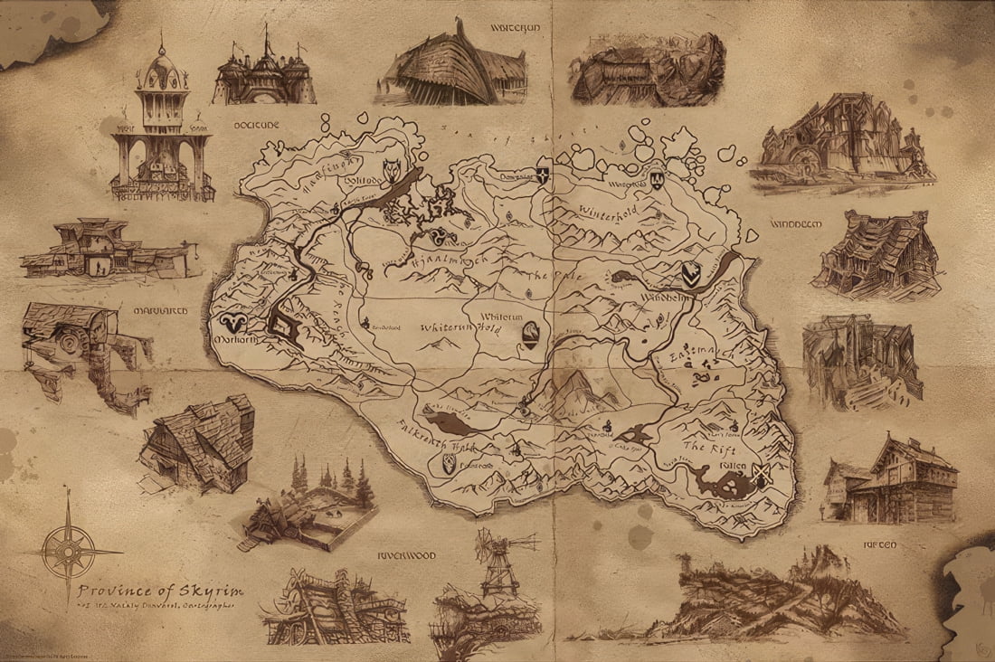 Skyrim - Gaming Poster (Illustrated Map - Province Of Skyrim) (Size: 36 ...