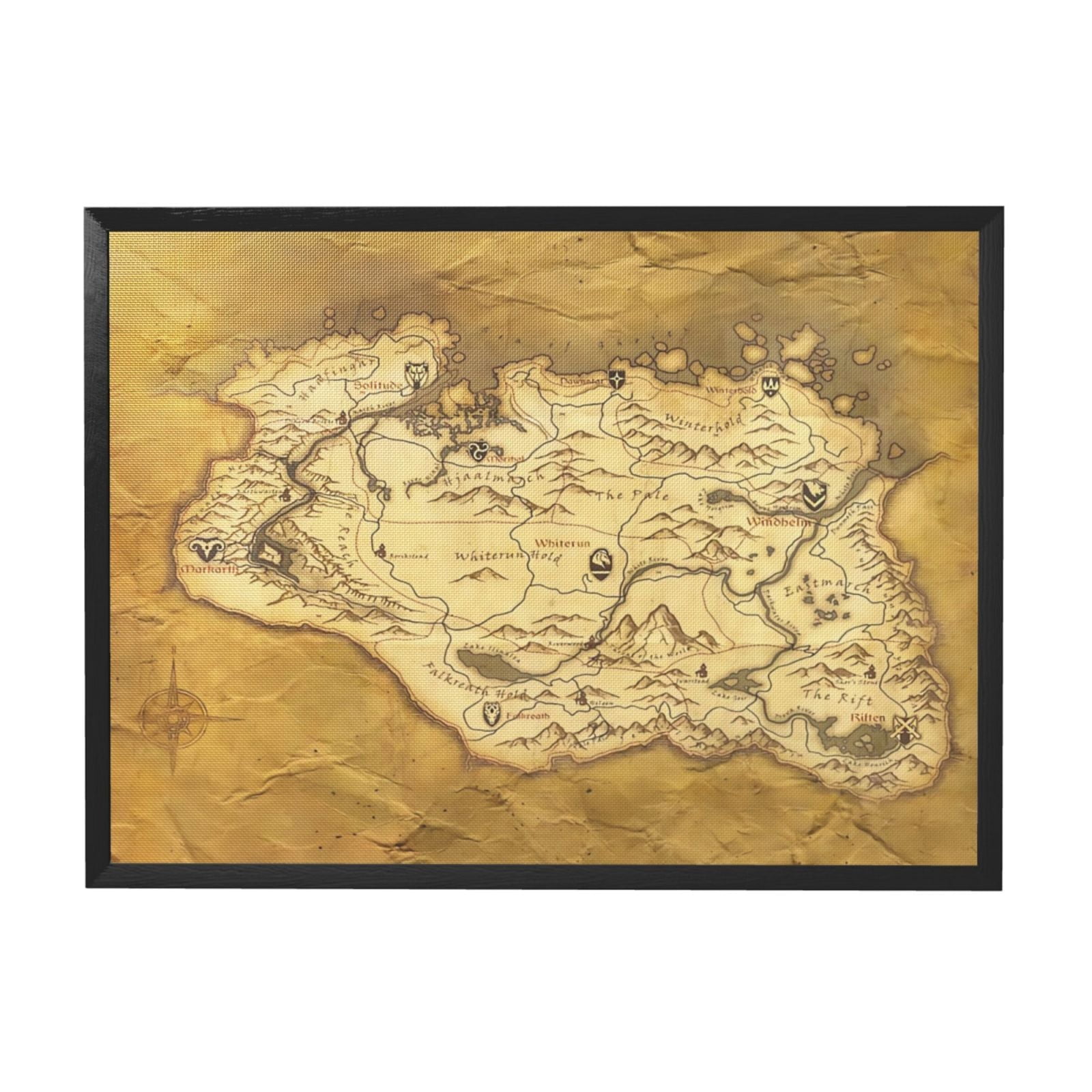 Skyrim Worn Parchment Map Black Framed Canvas Wall Art Fashion Decor ...