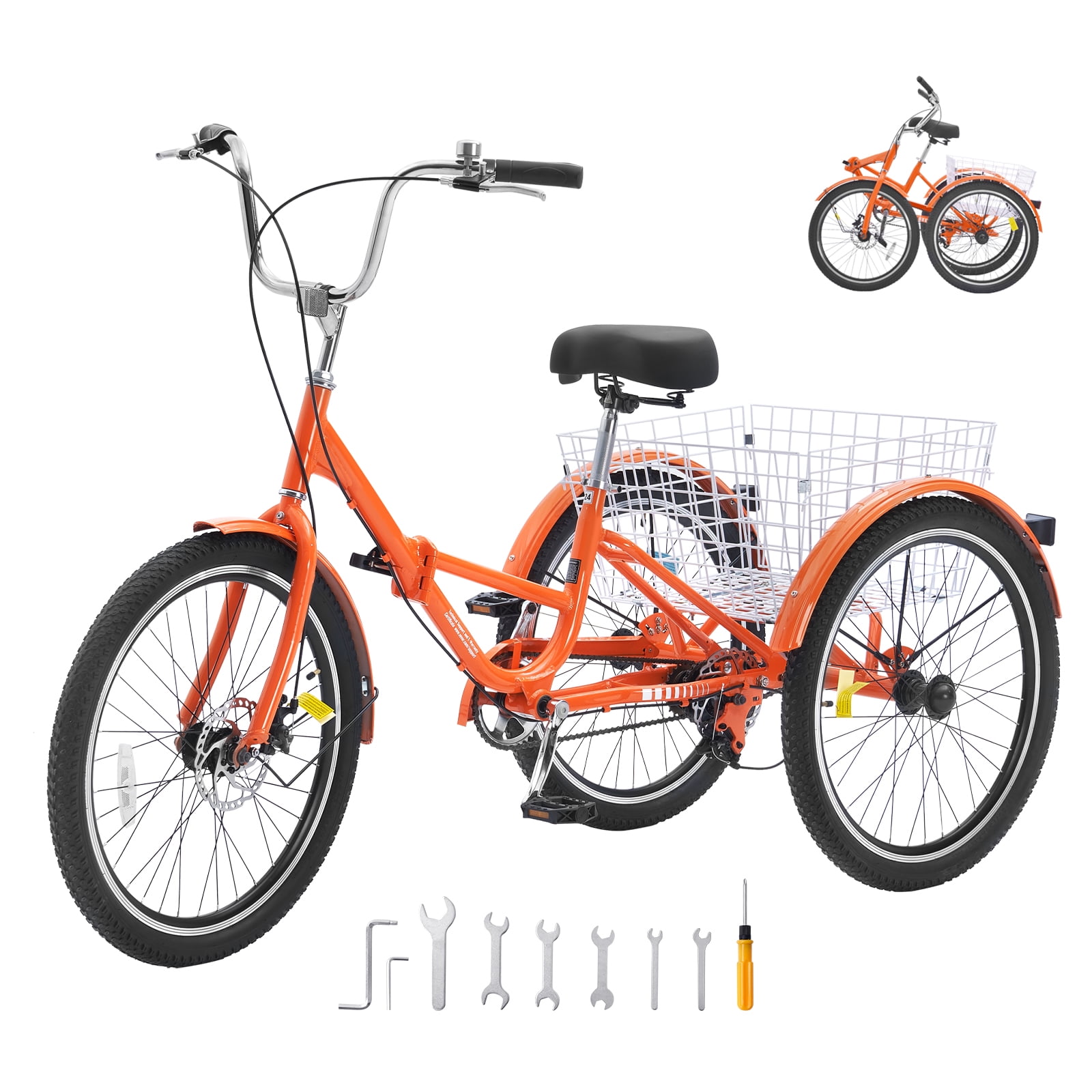 Skyshalo Orange 26" Folding Tricycle with Rear Carrying Basket and ...