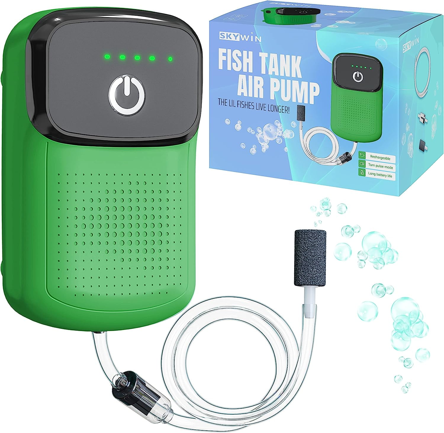 Skywin 1 Pack Green Fish Aerator Pump - Rechargeable Battery Powered ...
