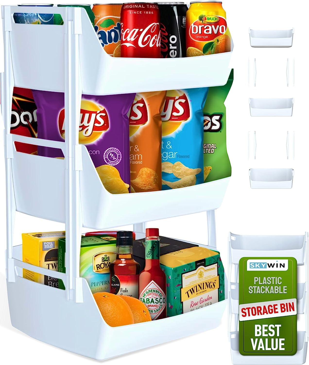 Skywin 3-Tier Plastic Stackable Storage Bins, White-Colored, 11.42 x 10 ...