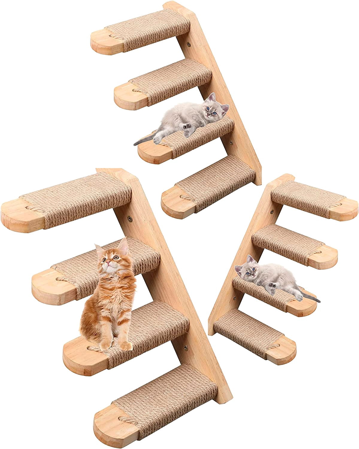 Skywin Cat Steps - 3 Pack Wood-Color Solid Rubber Wood Cat Stairs Great ...
