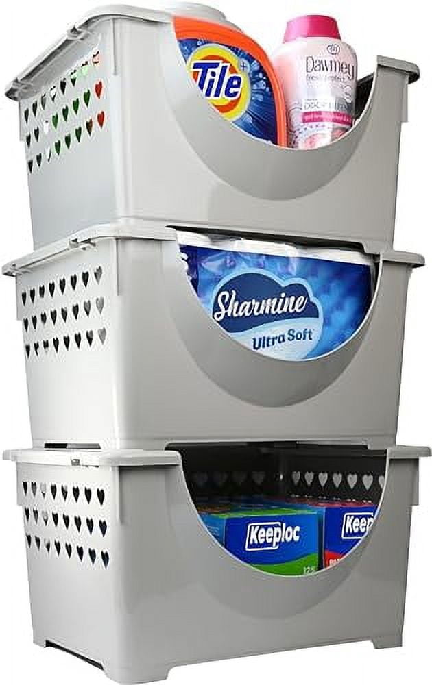 Skywin Plastic Stackable Storage Bins Grey - 3 Pack Open Front Storage ...