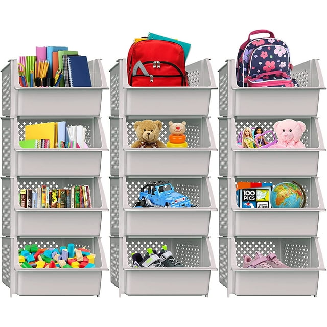 Skywin Plastic Stackable Storage Bins for Pantry - 12 Pack Light Grey ...