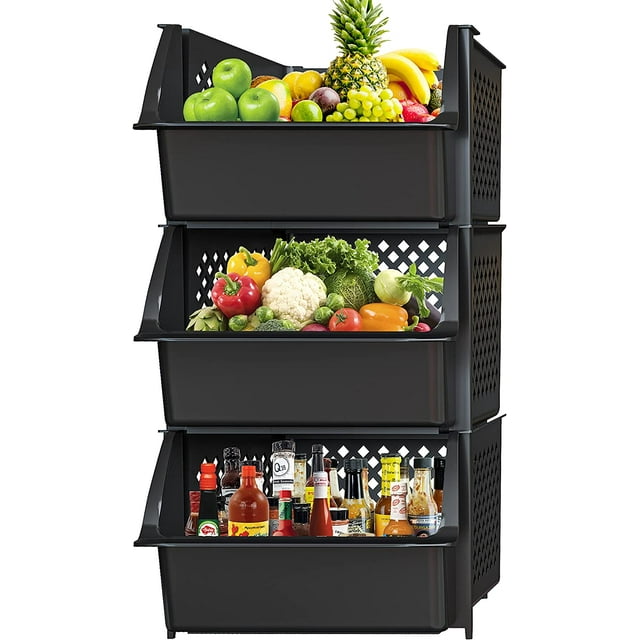 Skywin Plastic Stackable Storage Bins for Pantry - 3 Pack, Black ...