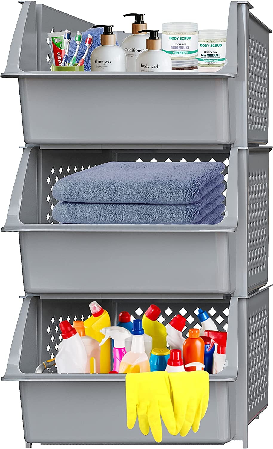 Skywin Plastic Stackable Storage Bins for Pantry - 3 Pack Grey ...