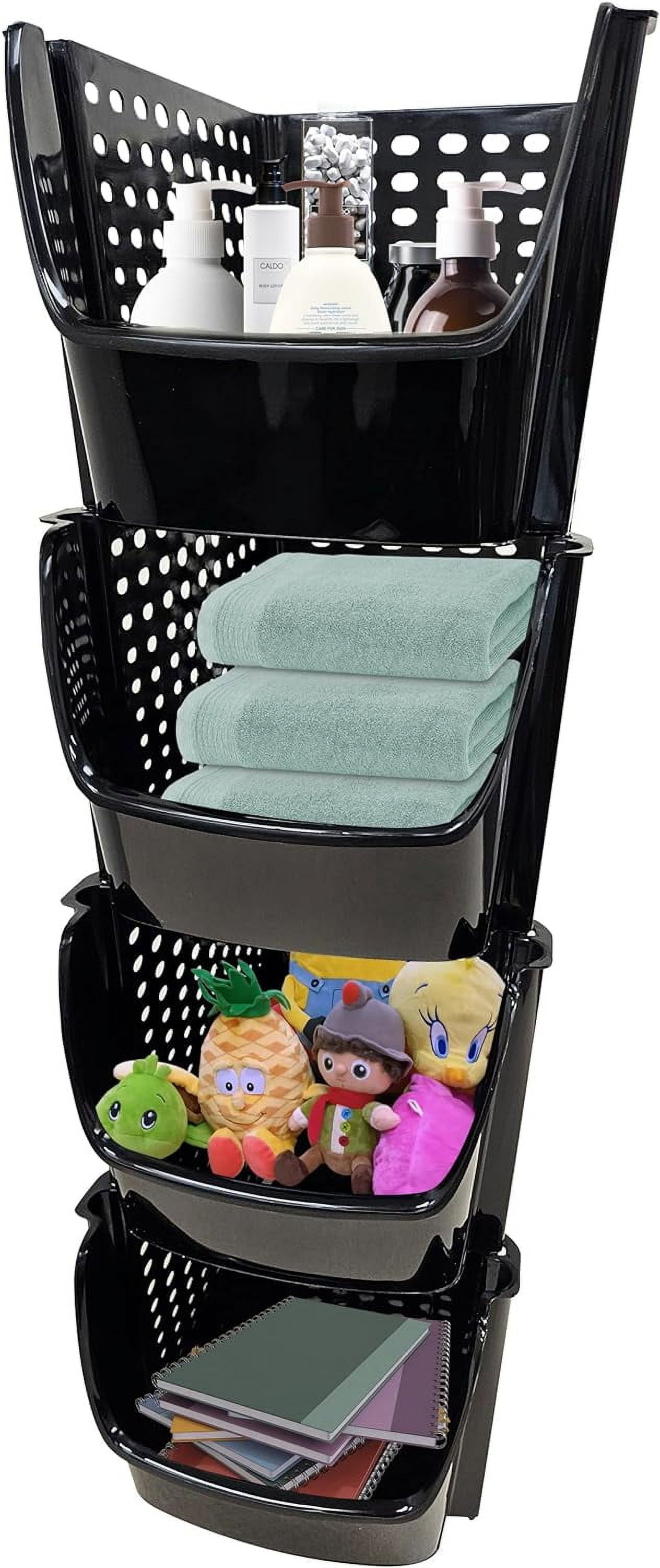 Skywin Plastic Stackable Storage Bins for Pantry - 4-Pack Black ...