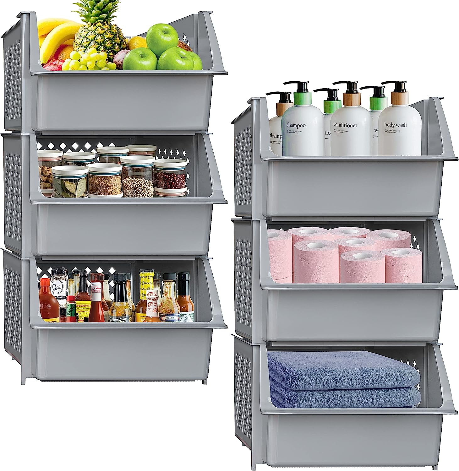 Skywin Plastic Stackable Storage Bins for Pantry - 6 Pack Grey ...