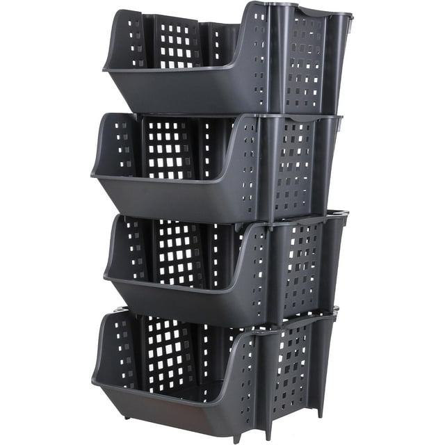 Skywin Plastic Stackable Storage Bins for Pantry Dark Grey - 4-Pack ...