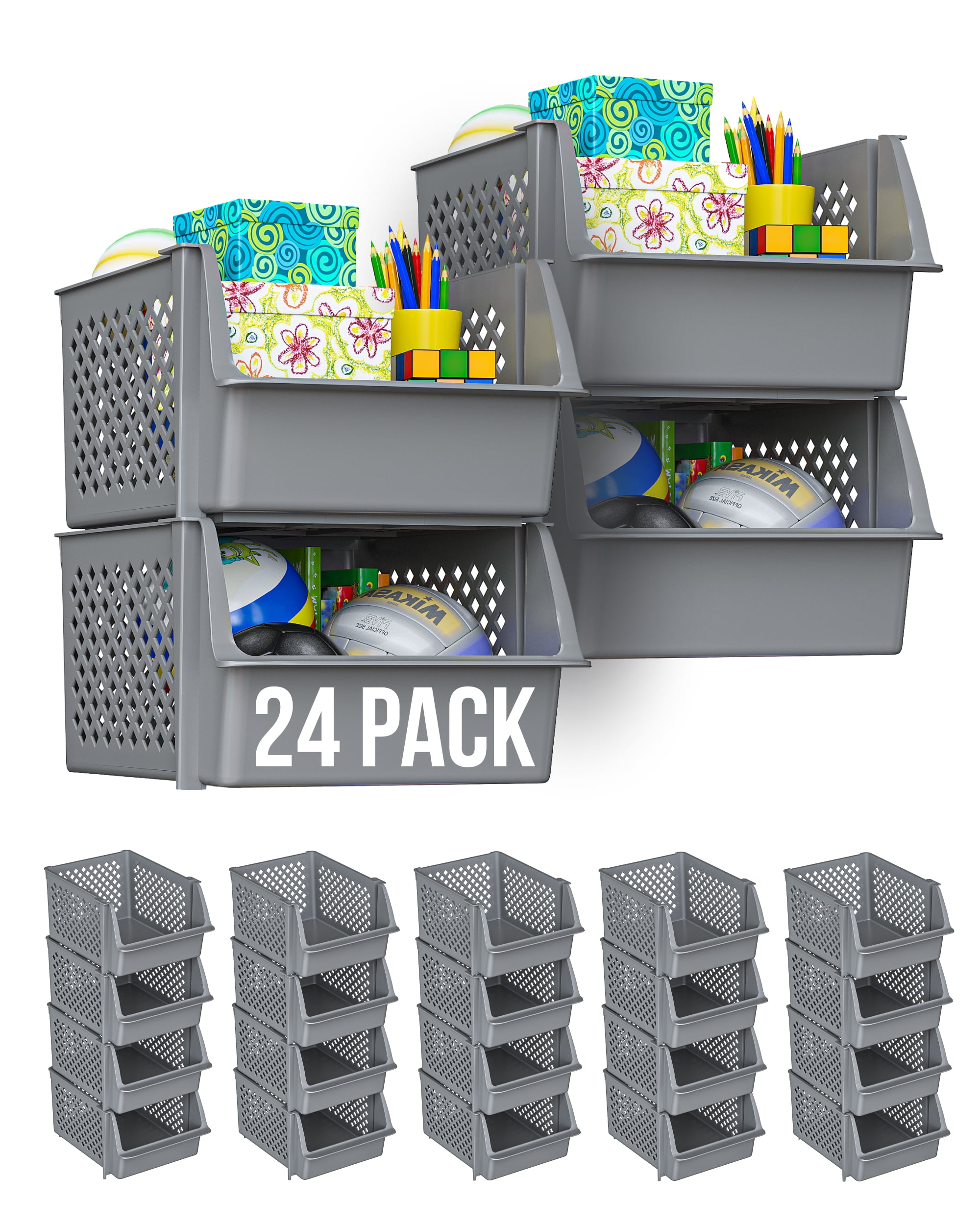 Skywin Plastic Stackable Storage Bins, 24 Pack, Grey, Organize Pantry ...