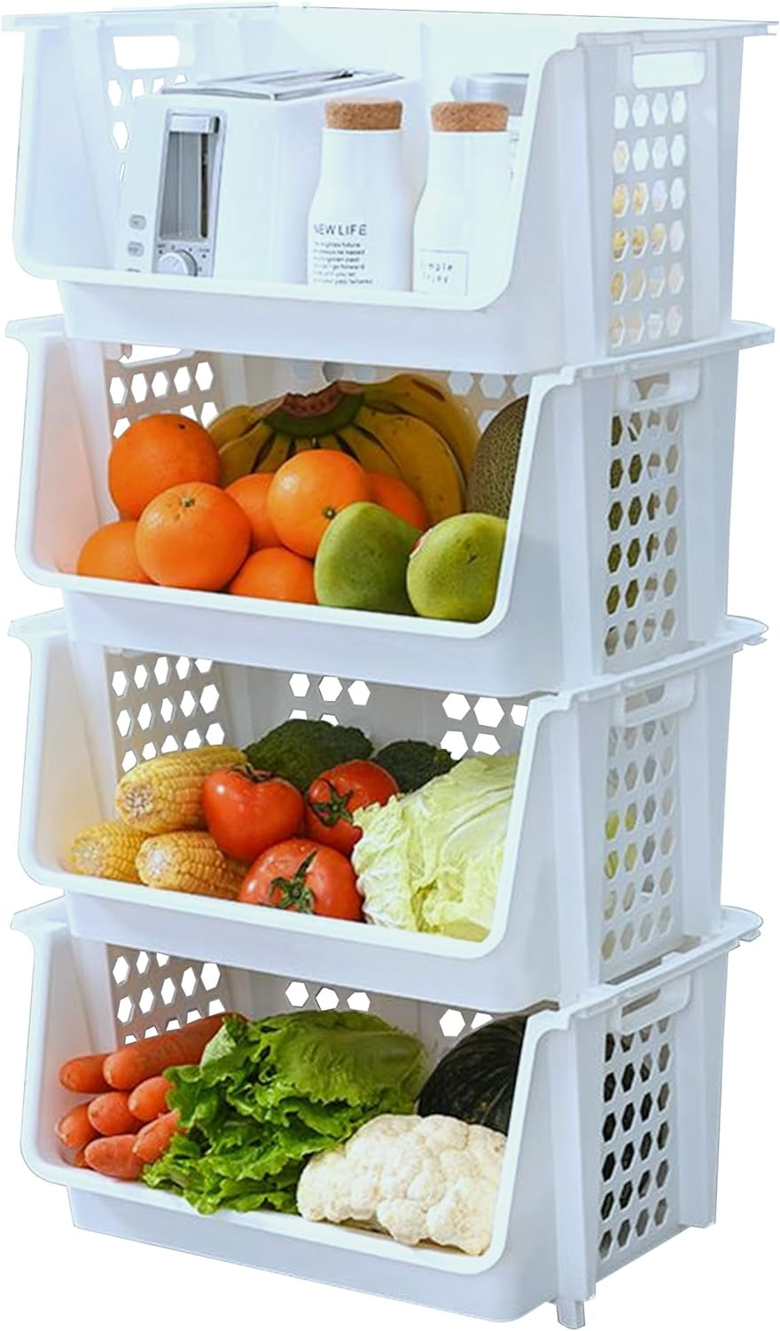 Free Shipping! Skywin Plastic Stackable Storage Bins for Pantry White ...