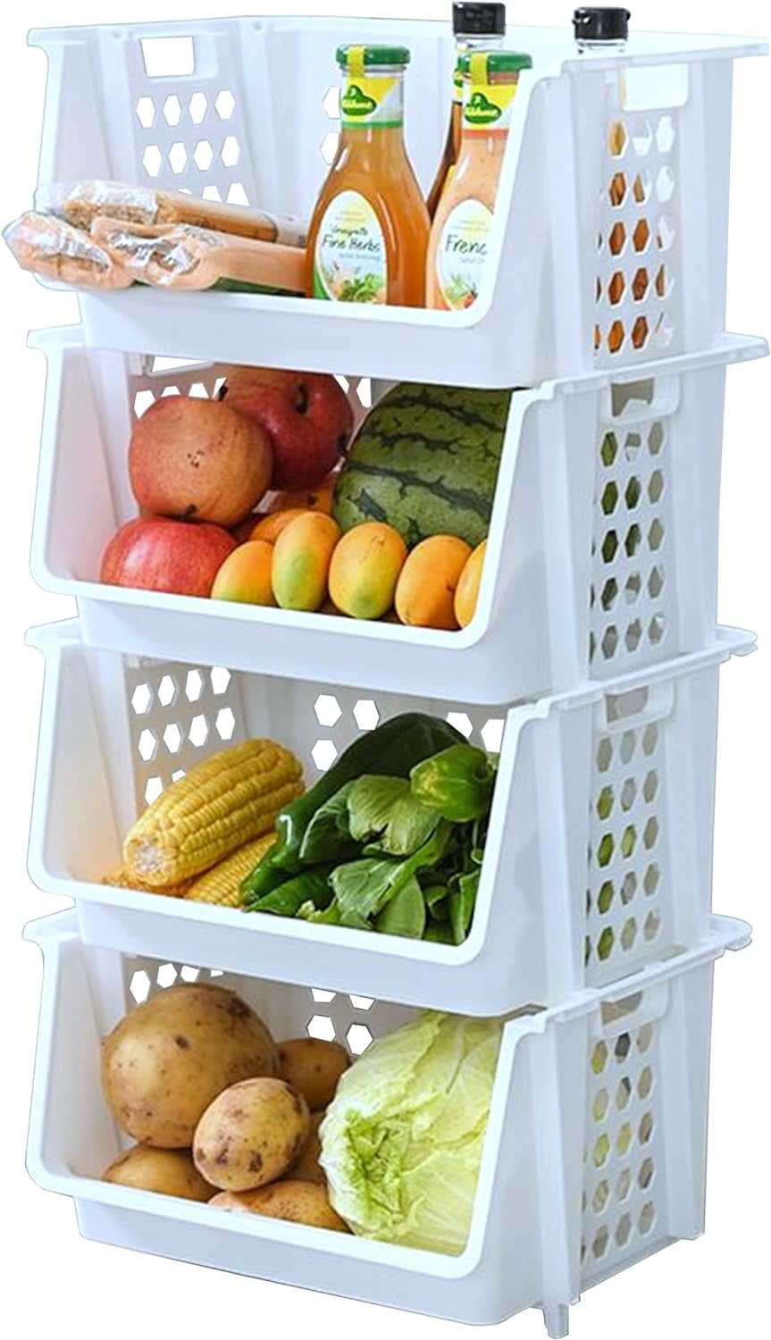 Skywin Plastic Stackable Storage Bins for Pantry White- 4-Pack Medium ...