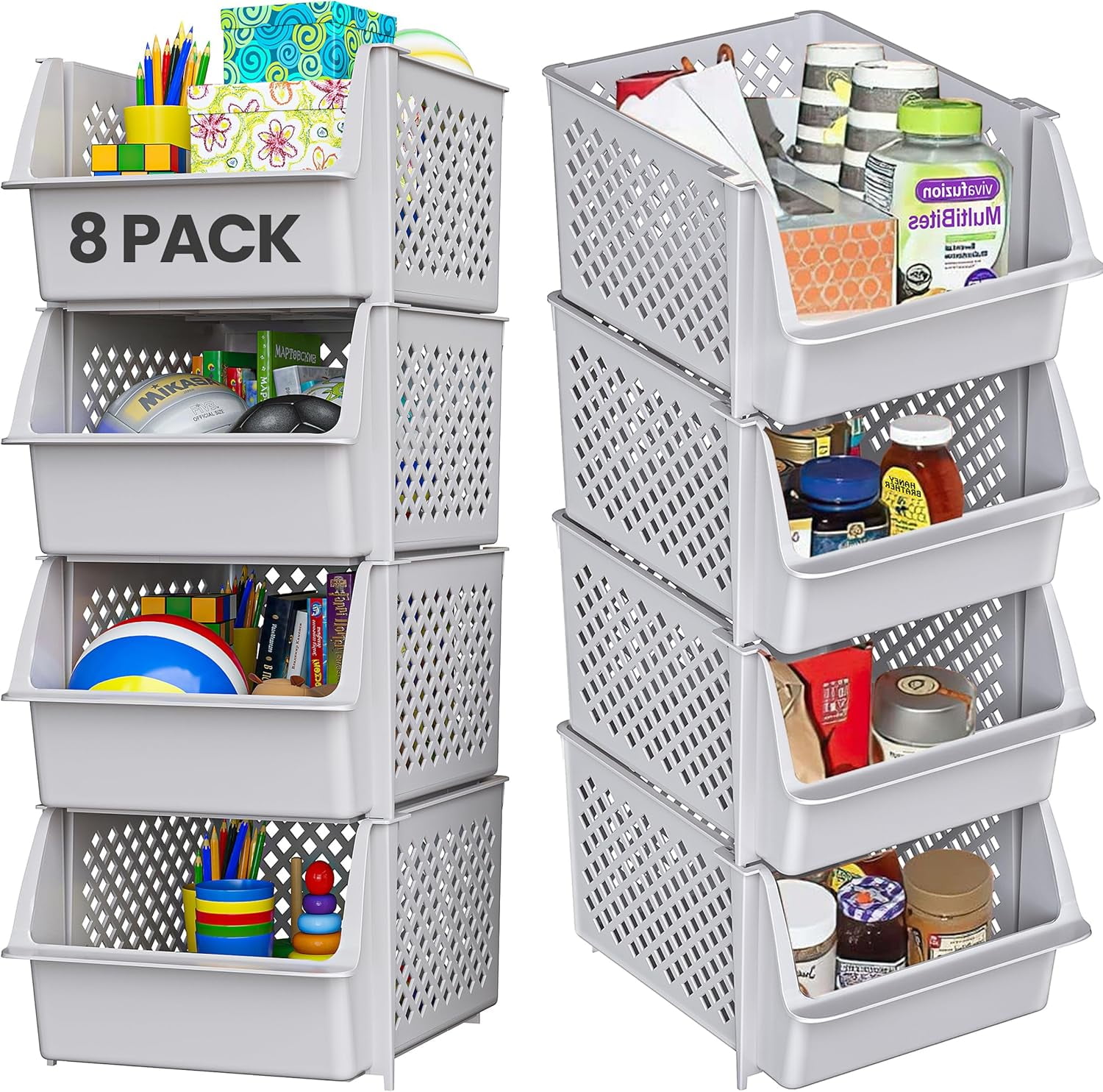 Skywin TidyFriend Stackable Storage Bins for Pantry - 8 Pack Stackable ...